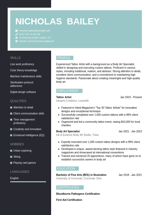 Tattoo Artist Resume Example | Jobseeker