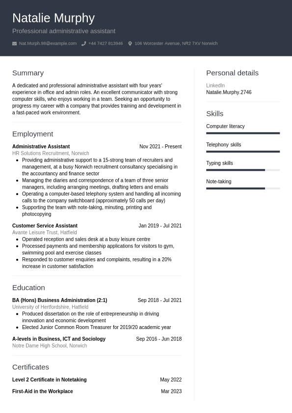 Administrative Assistant CV Example | Jobseeker