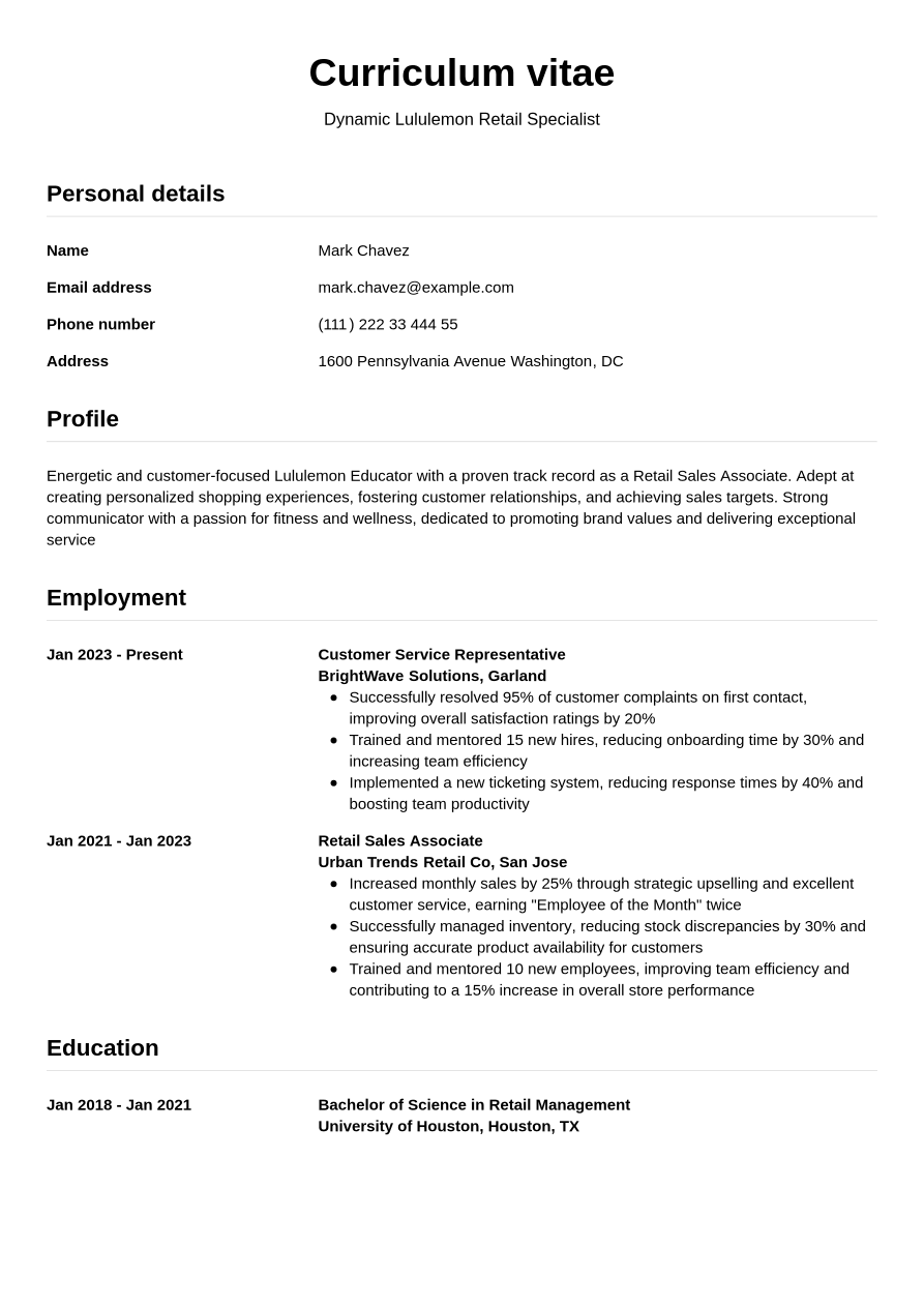 Lululemon Resume Example | Jobseeker