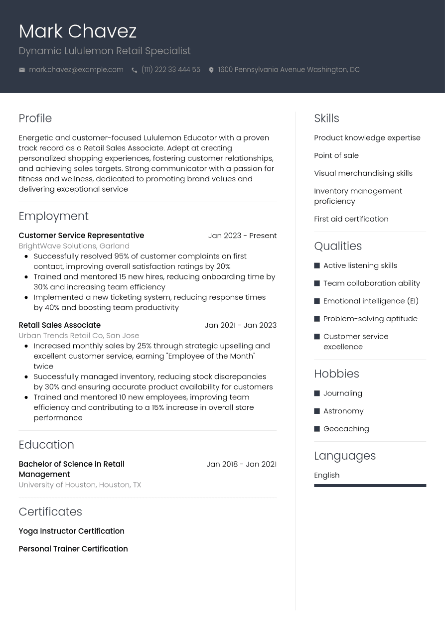 Lululemon Resume Example | Jobseeker
