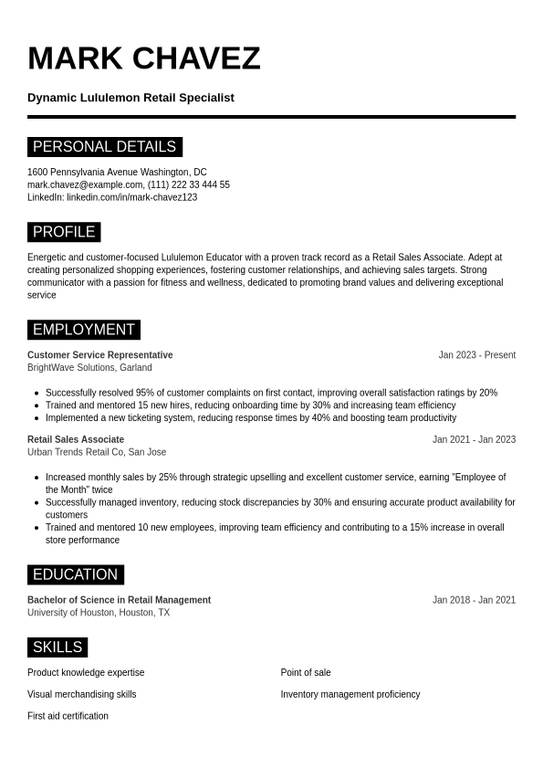 Lululemon Resume Example | Jobseeker