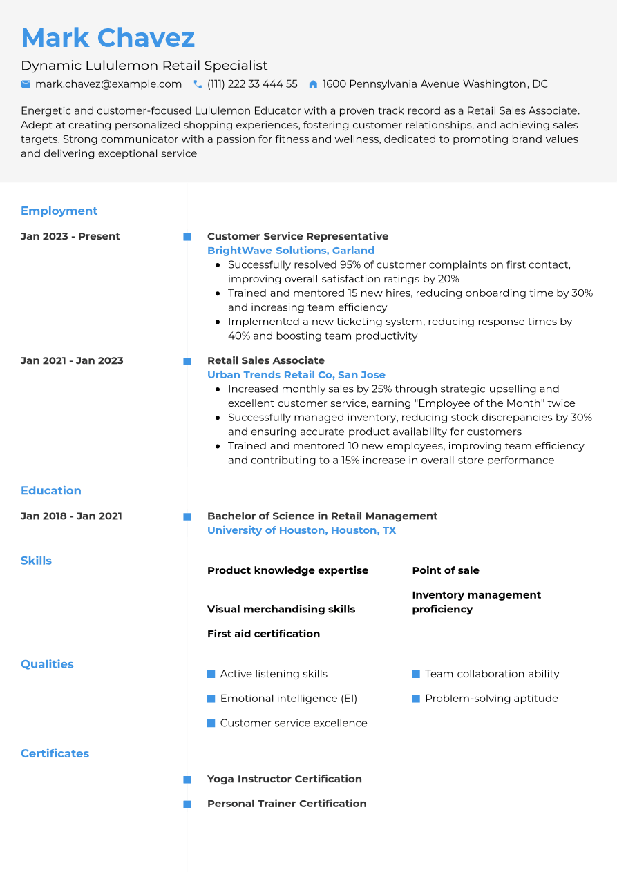 Lululemon Resume Example | Jobseeker