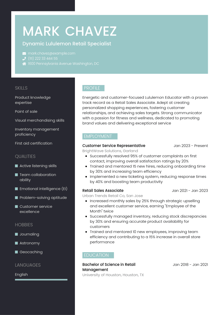 Lululemon Resume Example | Jobseeker