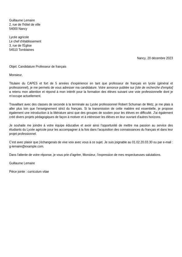 Exemple de lettre de motivation d'enseignant | Jobseeker