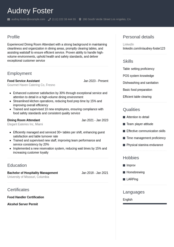 Busser Resume Example | Jobseeker