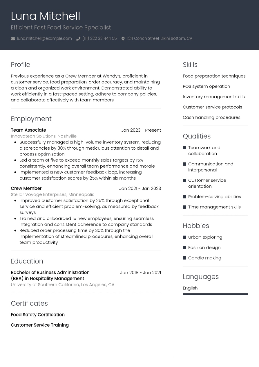 Wendy's Resume Example | Jobseeker