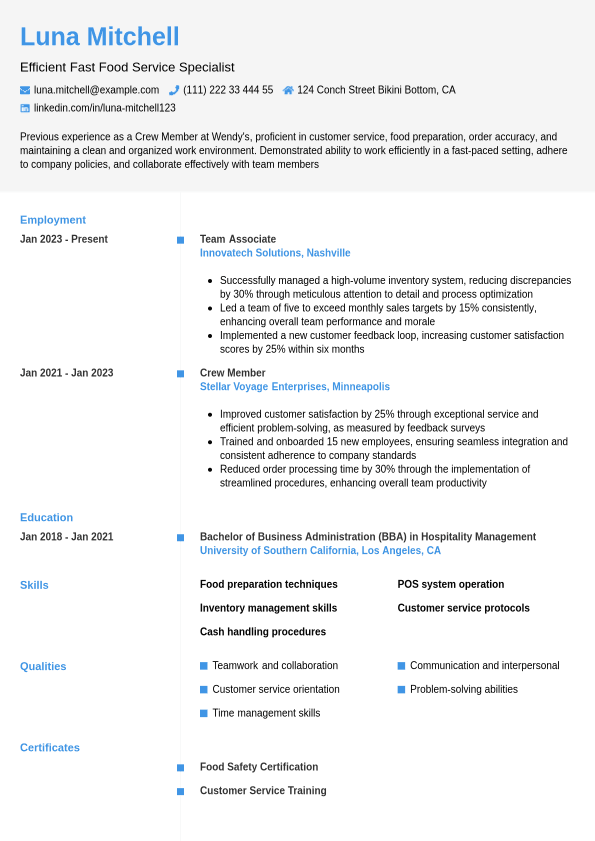 Wendy's Resume Example | Jobseeker