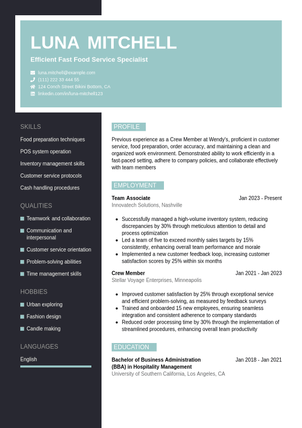 Wendy's Resume Example | Jobseeker