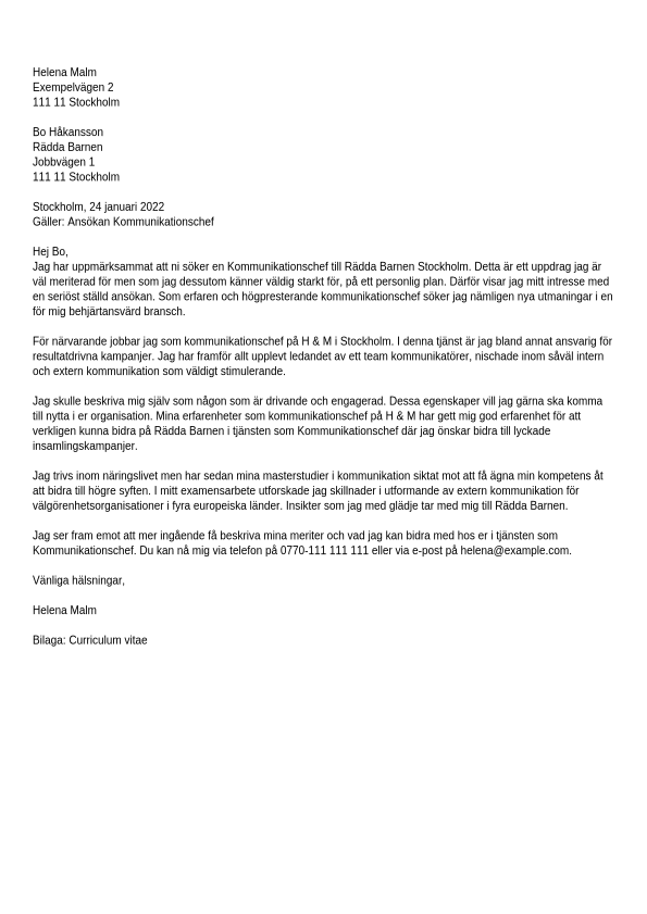 Chef Personligt brev Exempel | Jobseeker