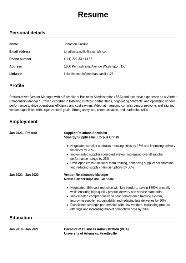 Vendor Management Resume Example | Jobseeker