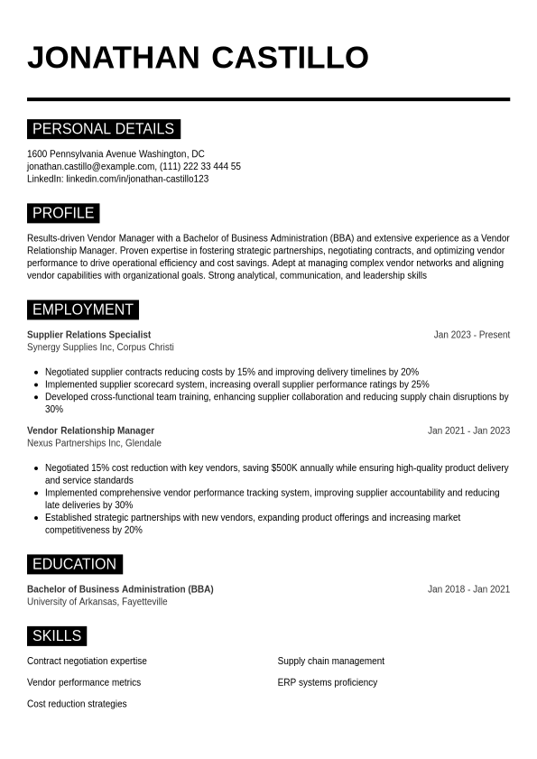 Vendor Management Resume Example | Jobseeker