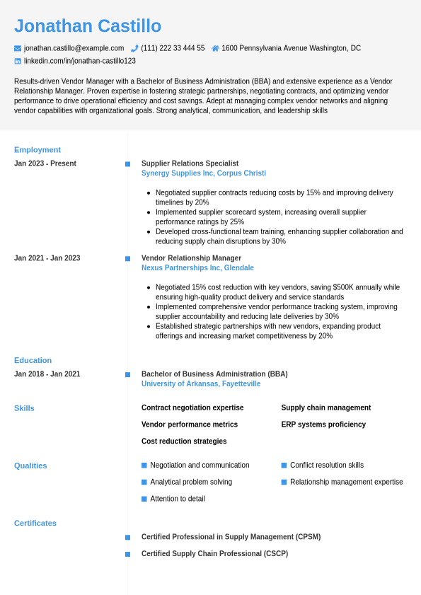 Vendor Management Resume Example | Jobseeker
