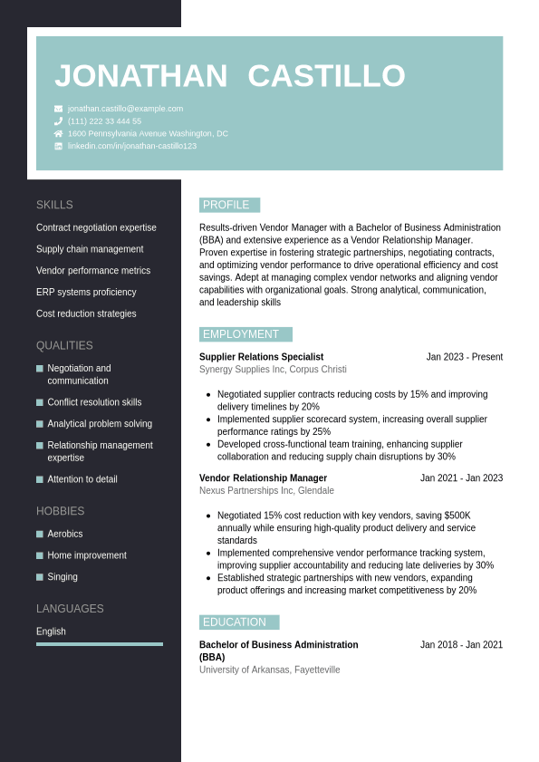 Vendor Management Resume Example | Jobseeker