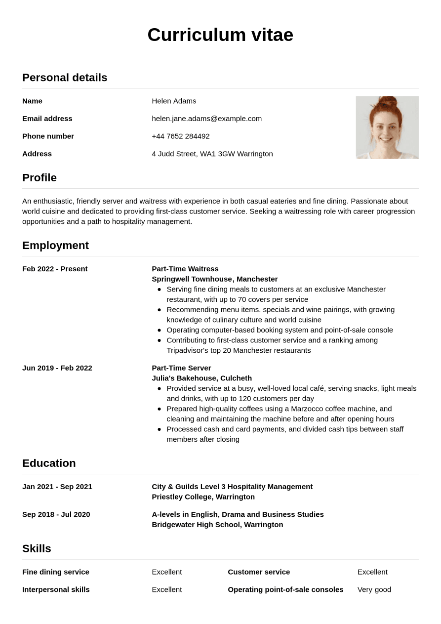 Waiter - Waitress CV Example | Jobseeker