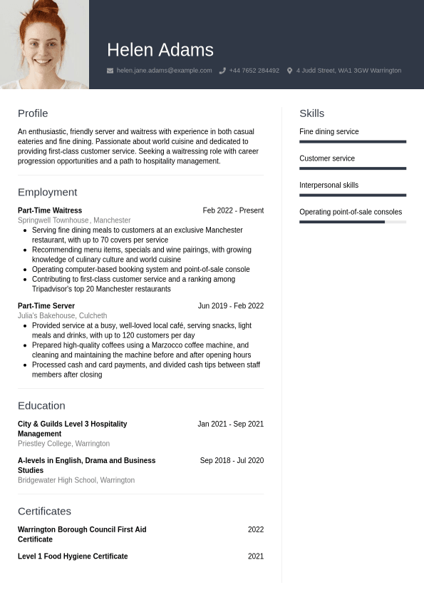 Waiter - Waitress CV Example | Jobseeker