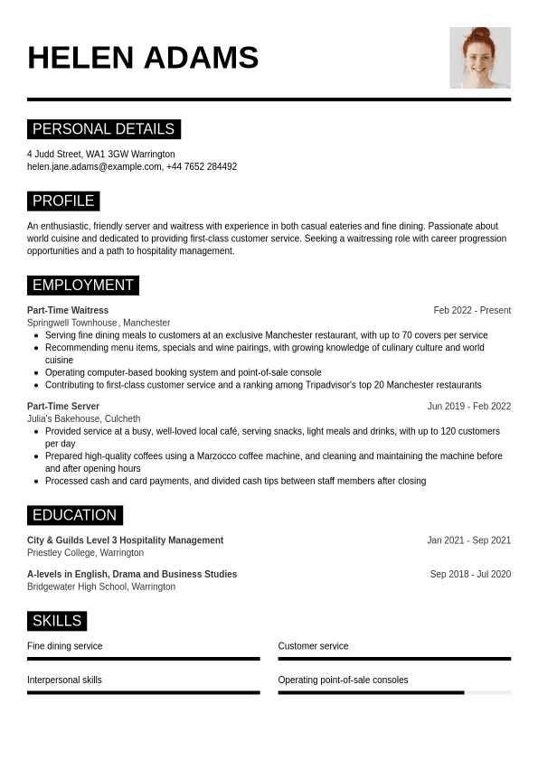 Waiter - Waitress CV Example | Jobseeker