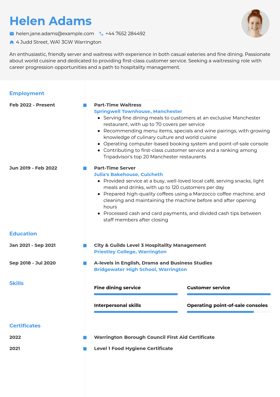 Waiter - Waitress CV Example | Jobseeker
