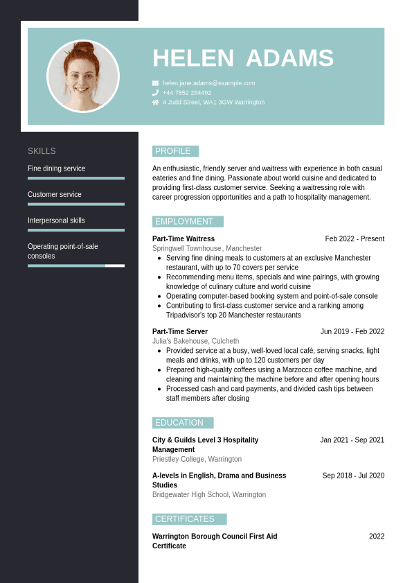 Waiter - Waitress CV Example | Jobseeker