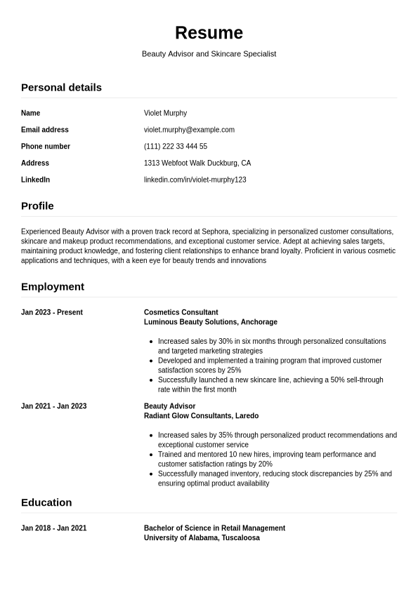 Sephora Resume Example | Jobseeker