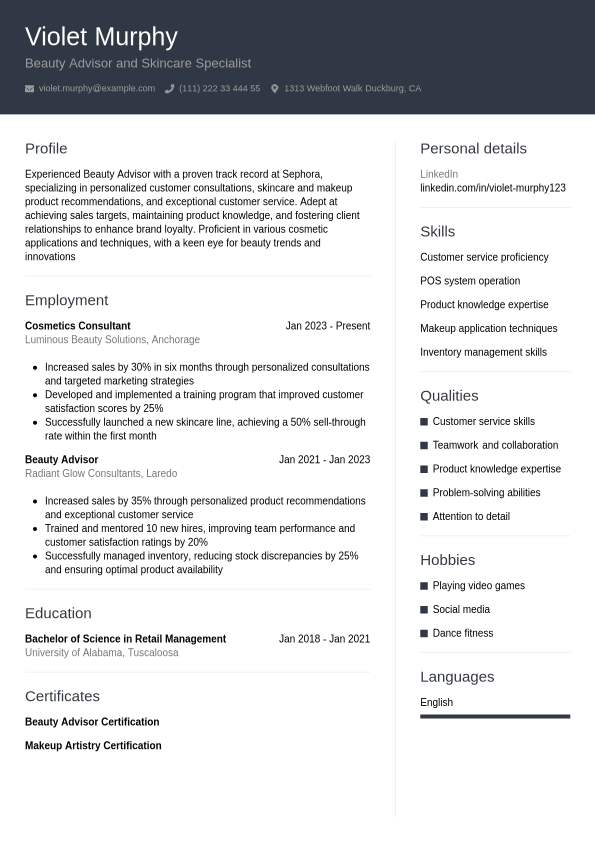Sephora Resume Example | Jobseeker