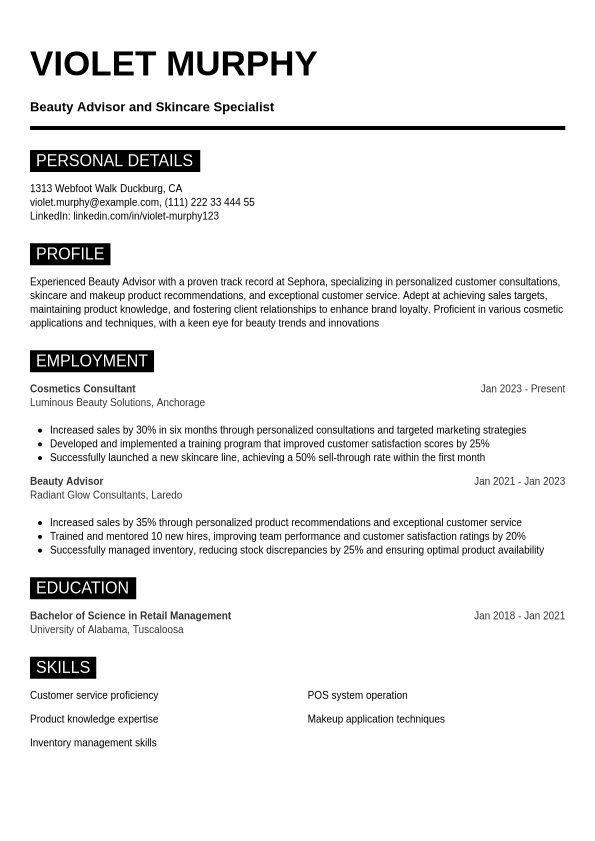 Sephora Resume Example | Jobseeker