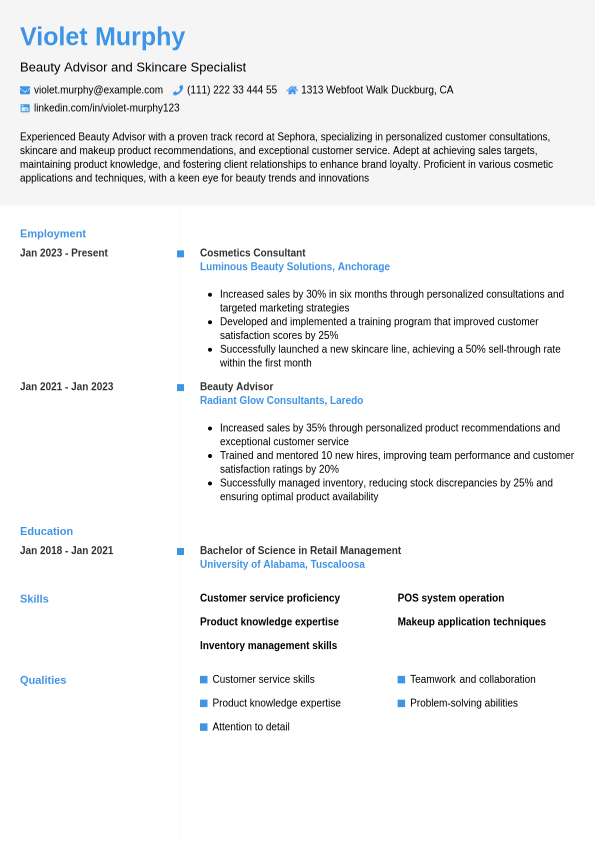 Sephora Resume Example | Jobseeker