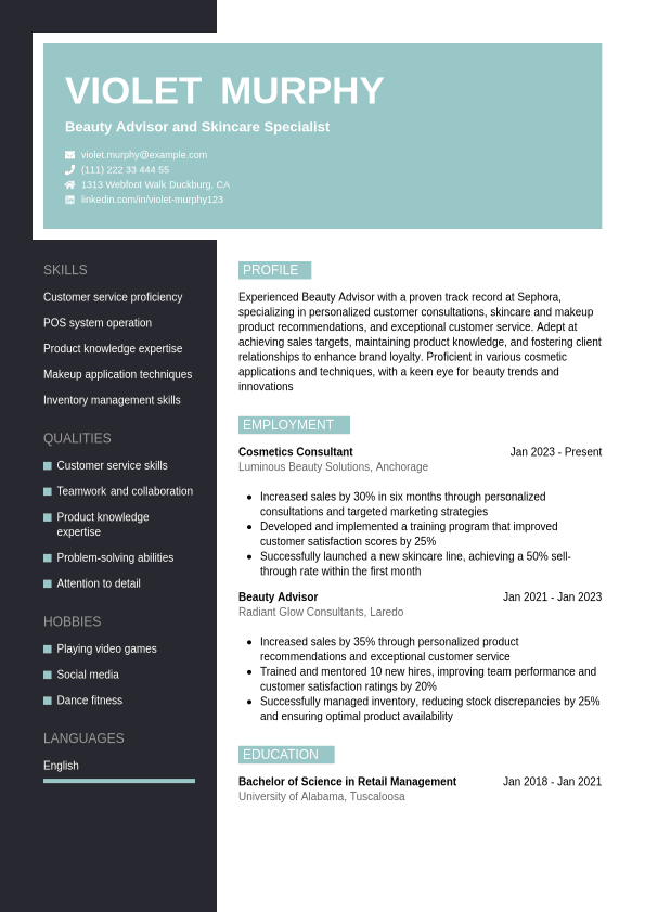 Sephora Resume Example | Jobseeker