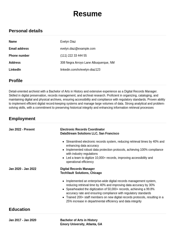 Archivist Resume Example | Jobseeker