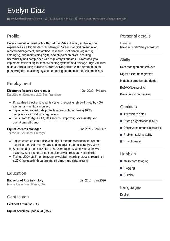 Archivist Resume Example | Jobseeker
