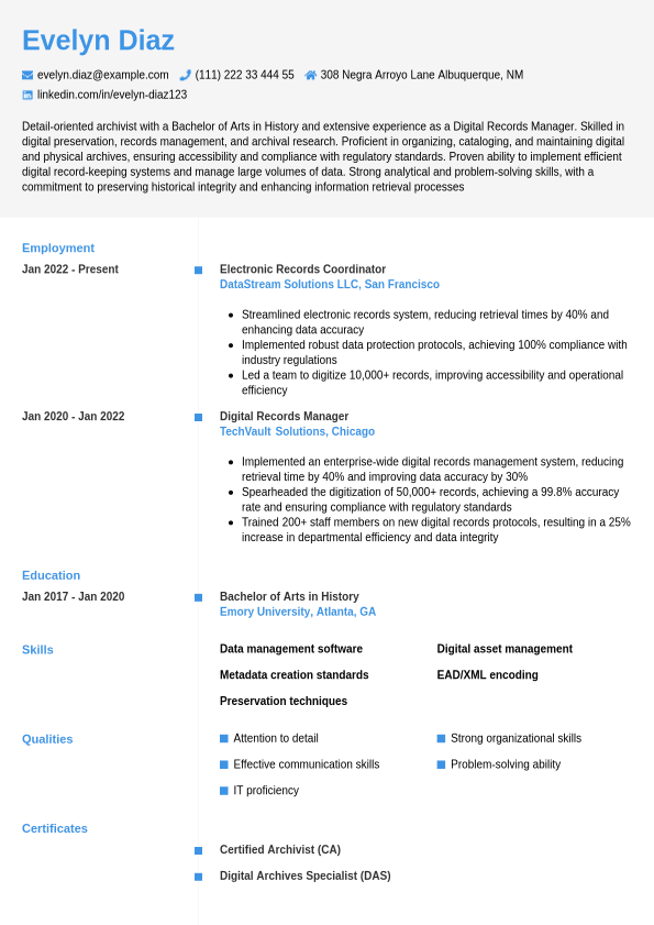 Archivist Resume Example | Jobseeker