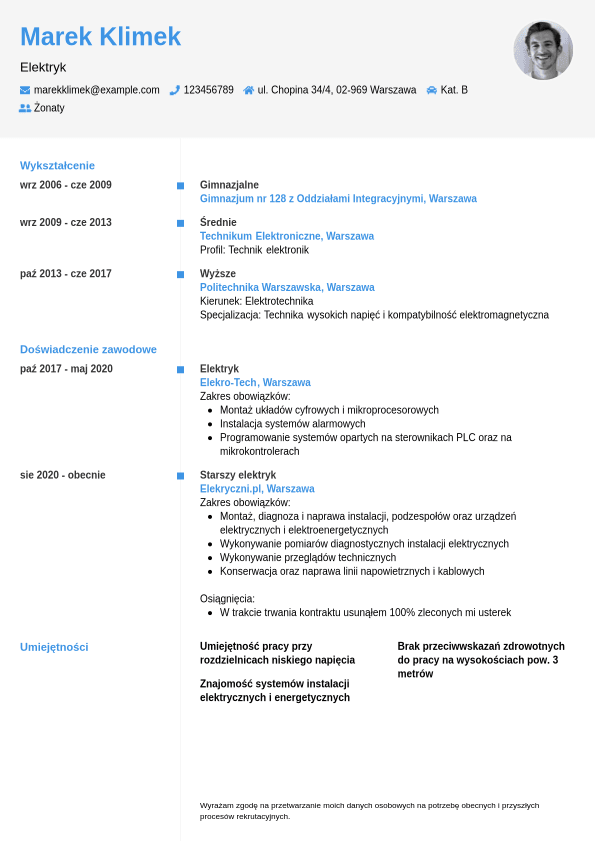 Przykładowe CV elektryka | Jobseeker
