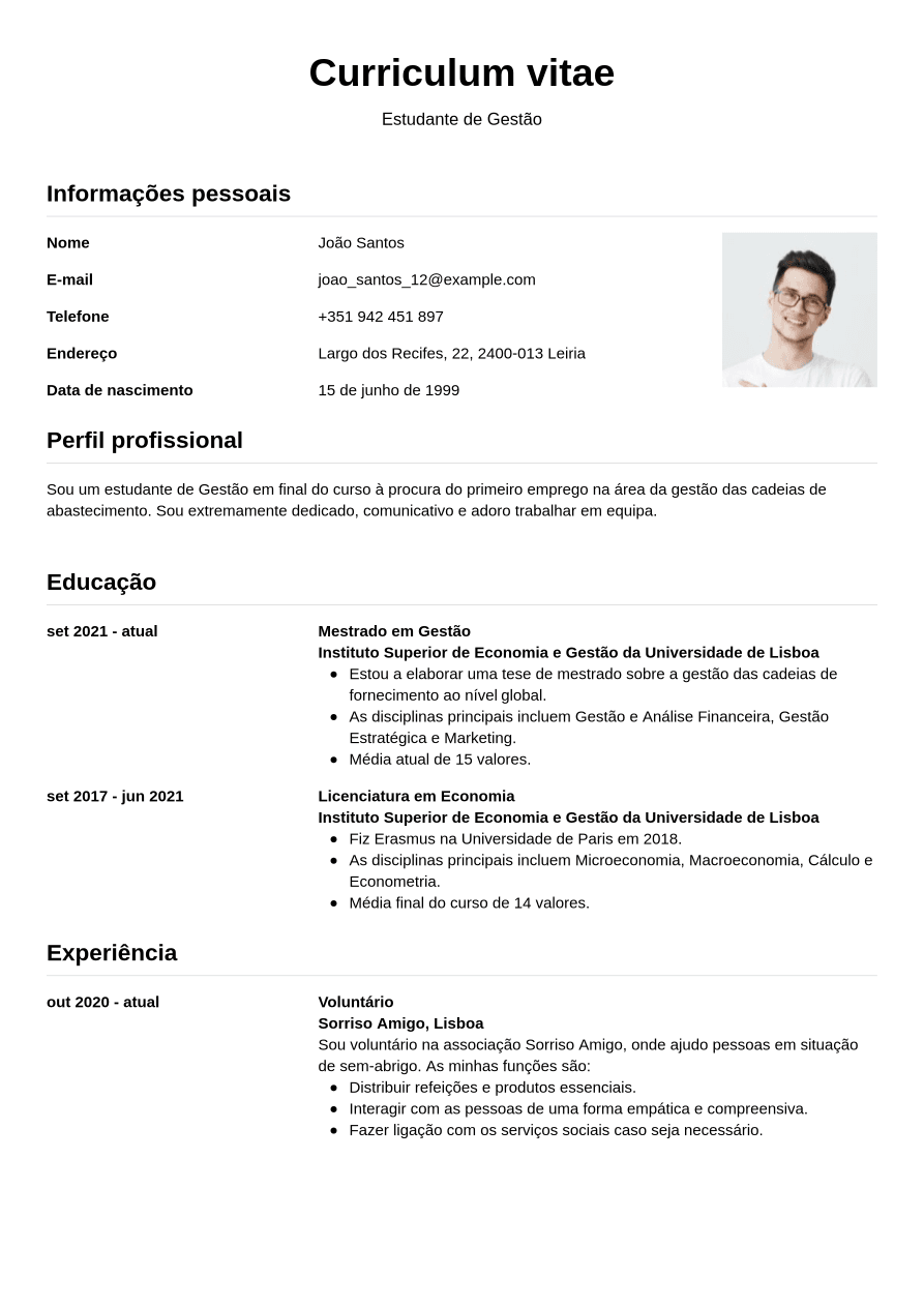 Exemplo de curriculum vitae para estudantes | Jobseeker