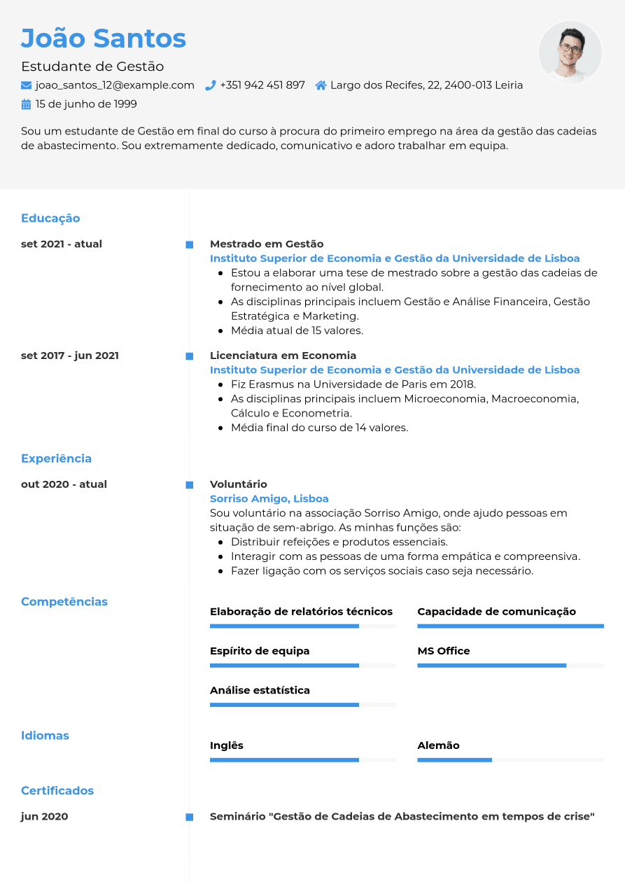 Exemplo de curriculum vitae para estudantes | Jobseeker