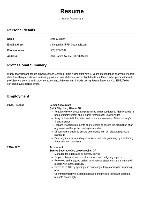 Accountant resume example | Jobseeker