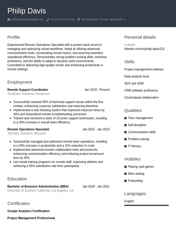 Work From Home Resume Example | Jobseeker