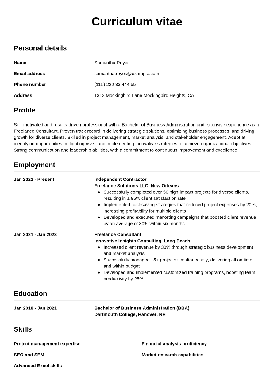 Self-Employed Resume Example | Jobseeker