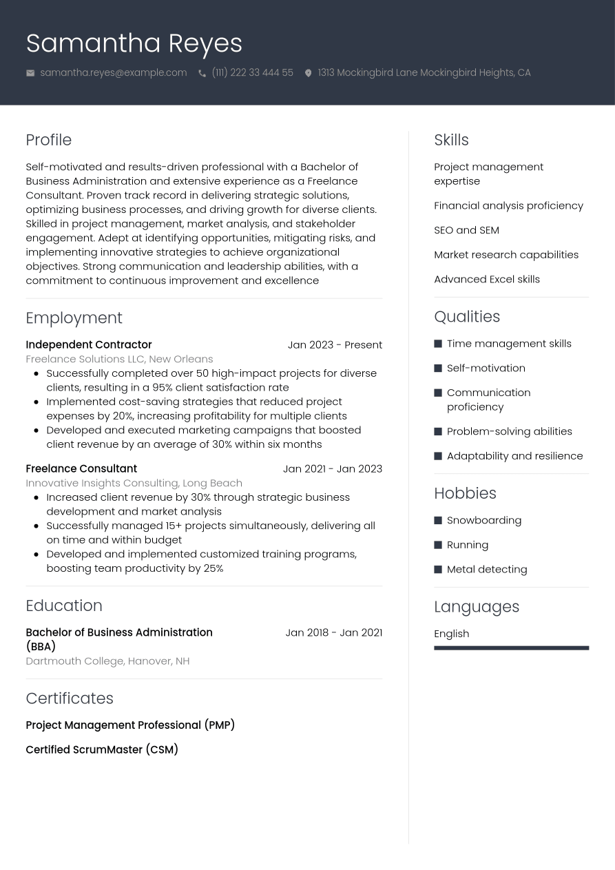 Self-Employed Resume Example | Jobseeker
