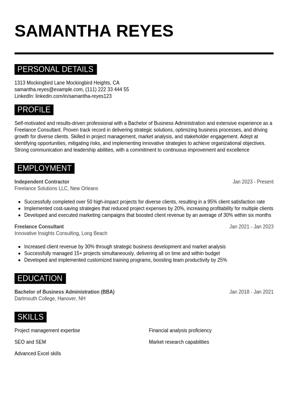 Self-Employed Resume Example | Jobseeker