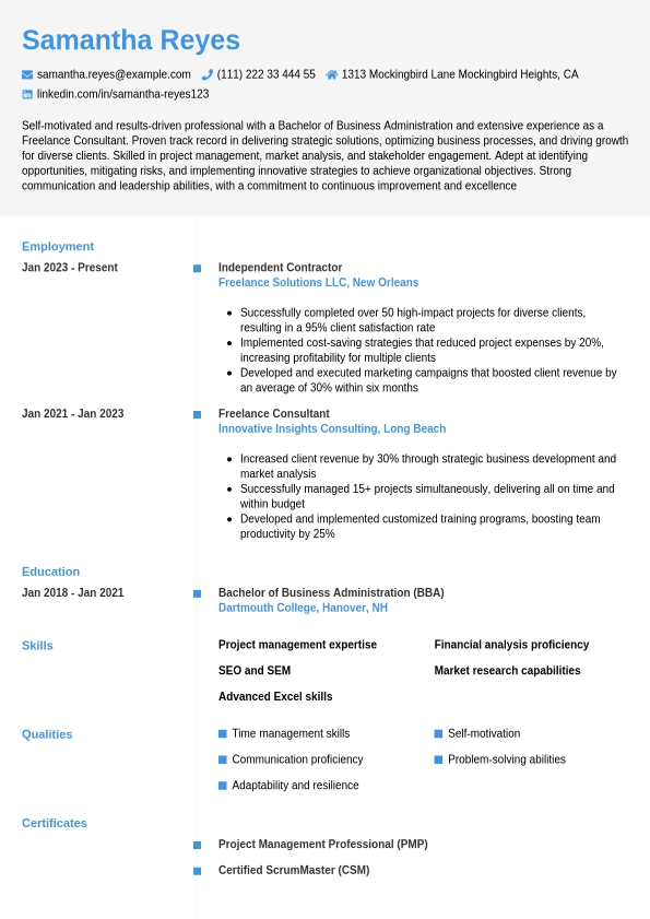 Self-Employed Resume Example | Jobseeker