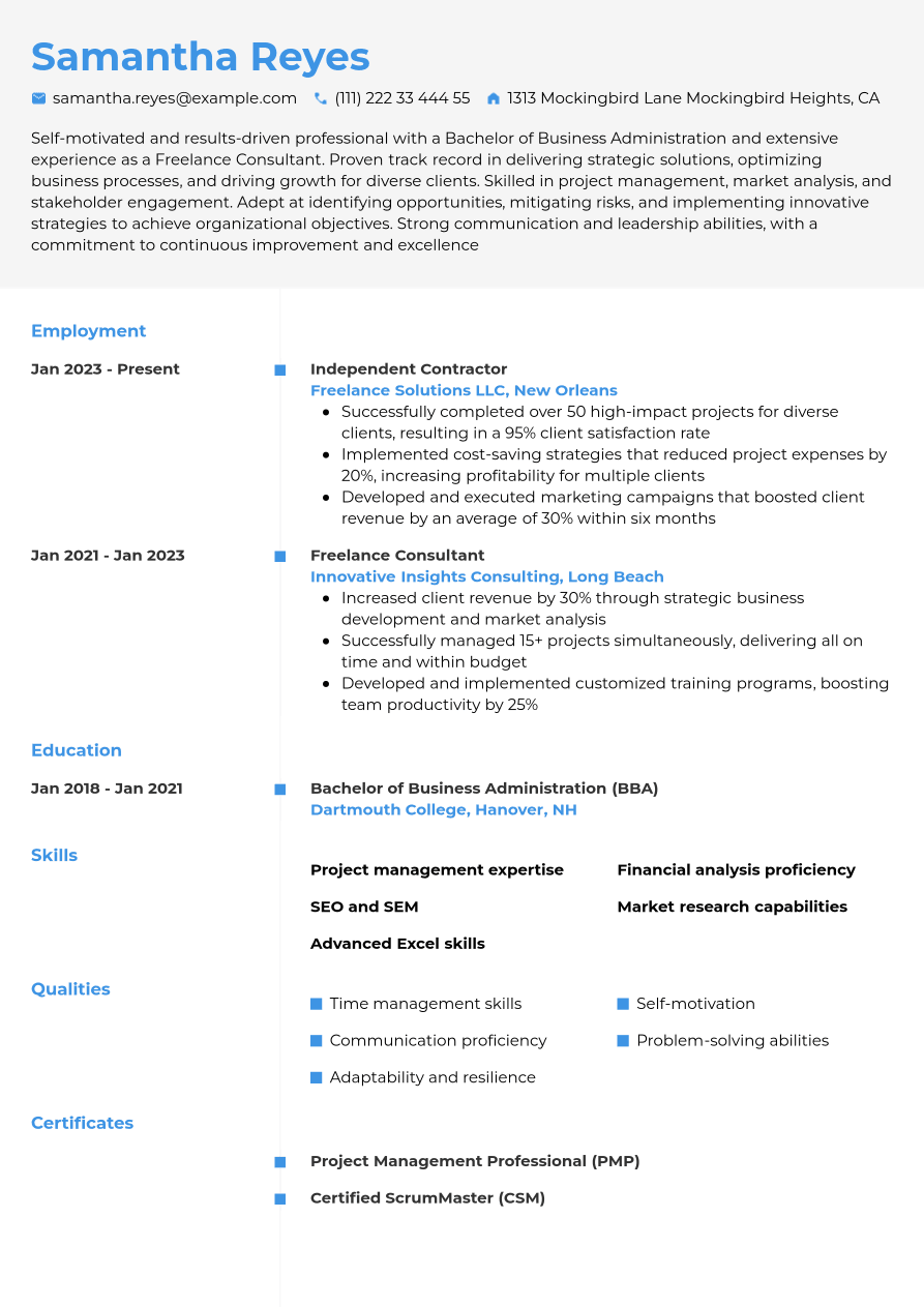 Self-Employed Resume Example | Jobseeker