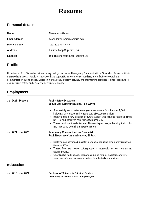 911 Dispatcher Resume Example | Jobseeker