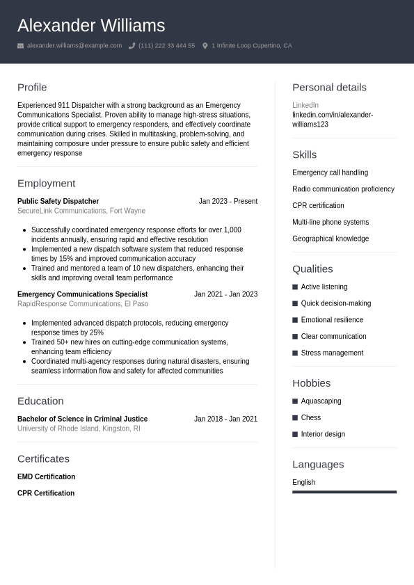 911 Dispatcher Resume Example | Jobseeker