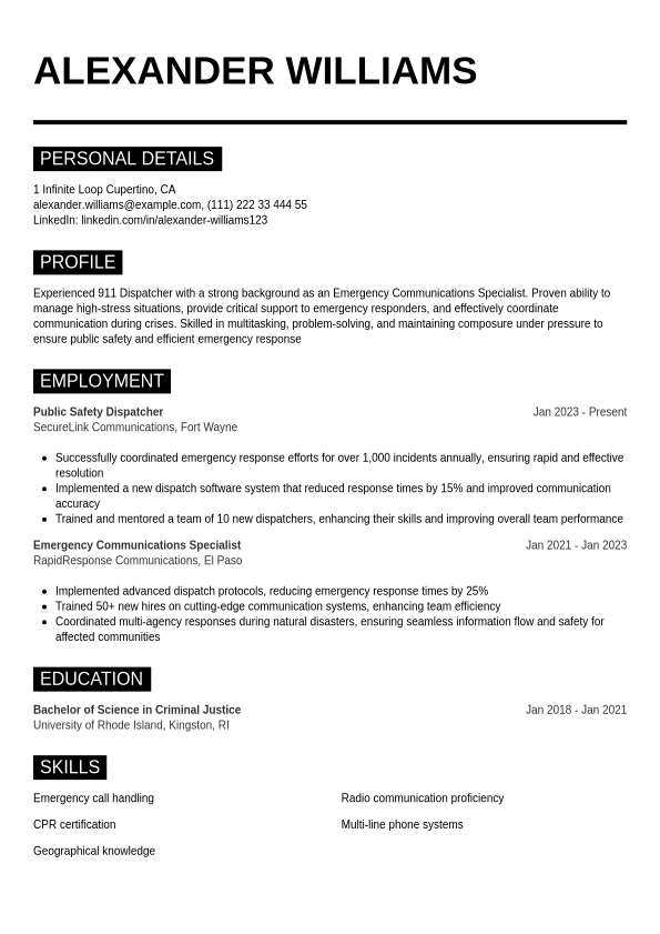 911 Dispatcher Resume Example | Jobseeker