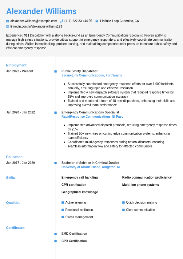 911 Dispatcher Resume Example | Jobseeker