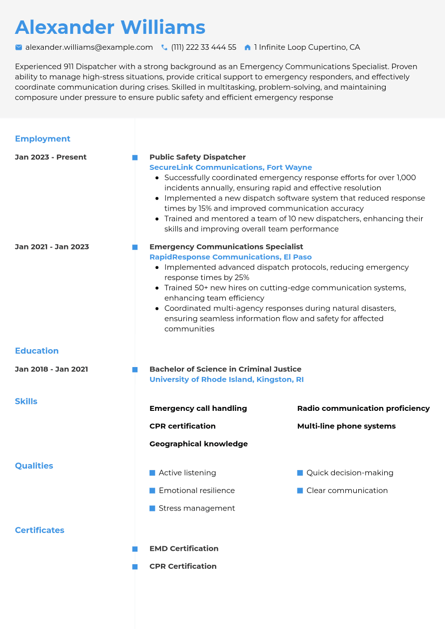 911 Dispatcher Resume Example | Jobseeker