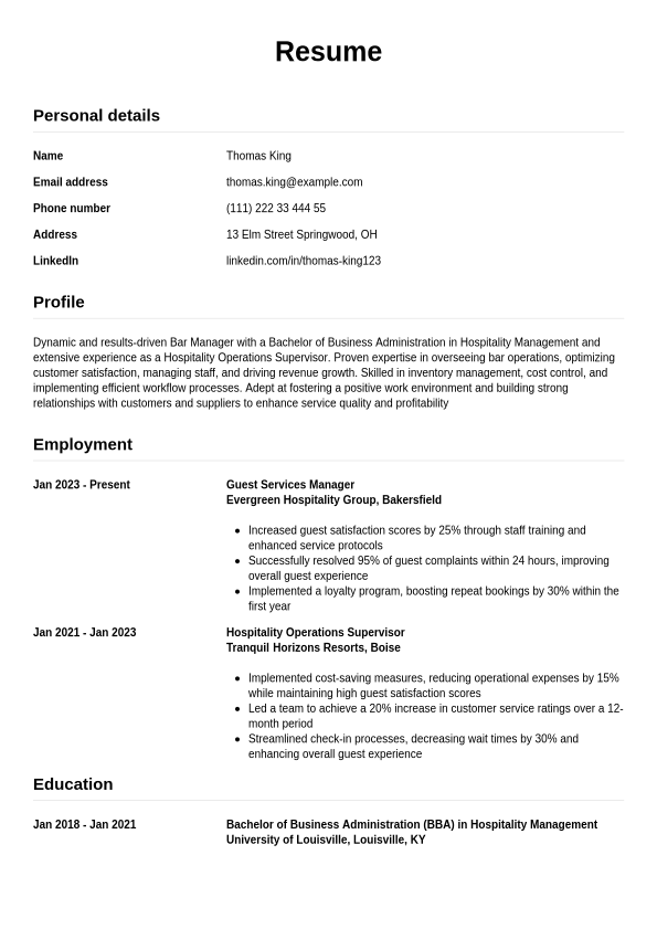 Bar Manager Resume Example | Jobseeker