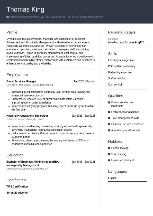 Bar Manager Resume Example | Jobseeker