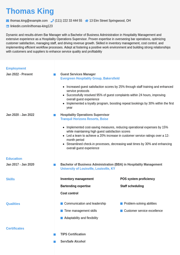 Bar Manager Resume Example | Jobseeker