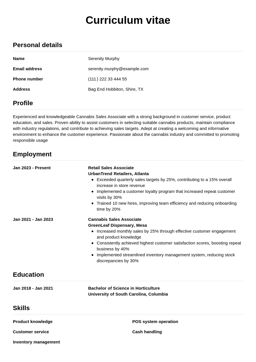 Budtender Resume Example | Jobseeker