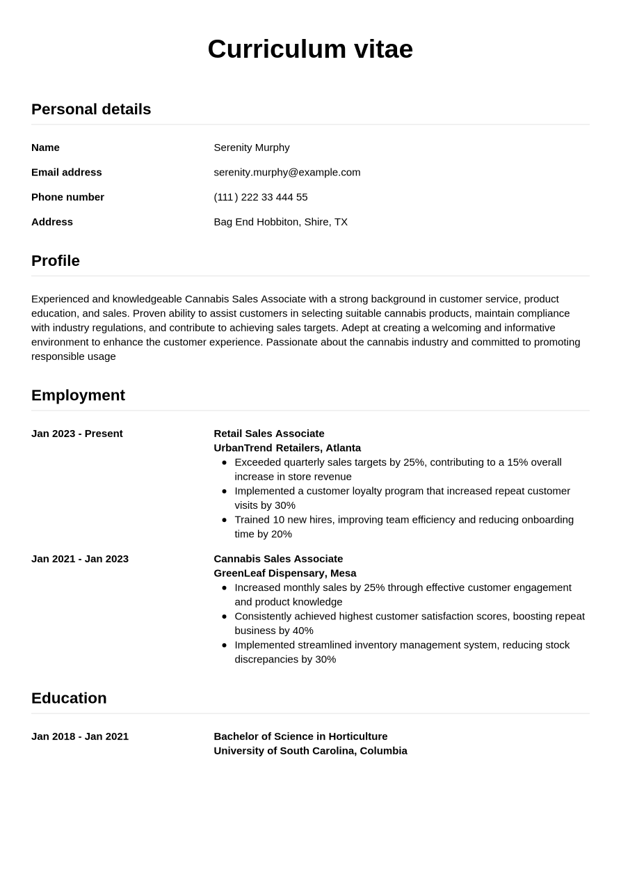 Budtender Resume Example | Jobseeker